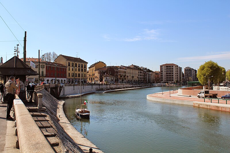 Wide panoramic view of the Darsena harbor basin in Milan where the Navigli canals meet