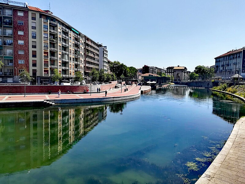 The Darsena harbor area at Porta Genova in Milan with boats and buildings