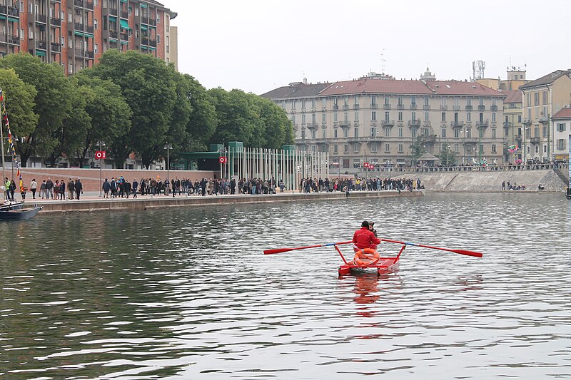 The renovated Darsena di Milano harbor basin with modern walkways