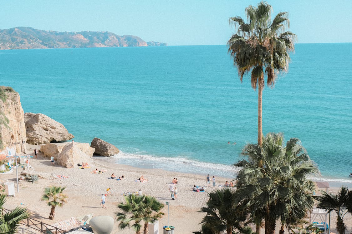 Beach scene in Nerja with palm trees and clear blue sea