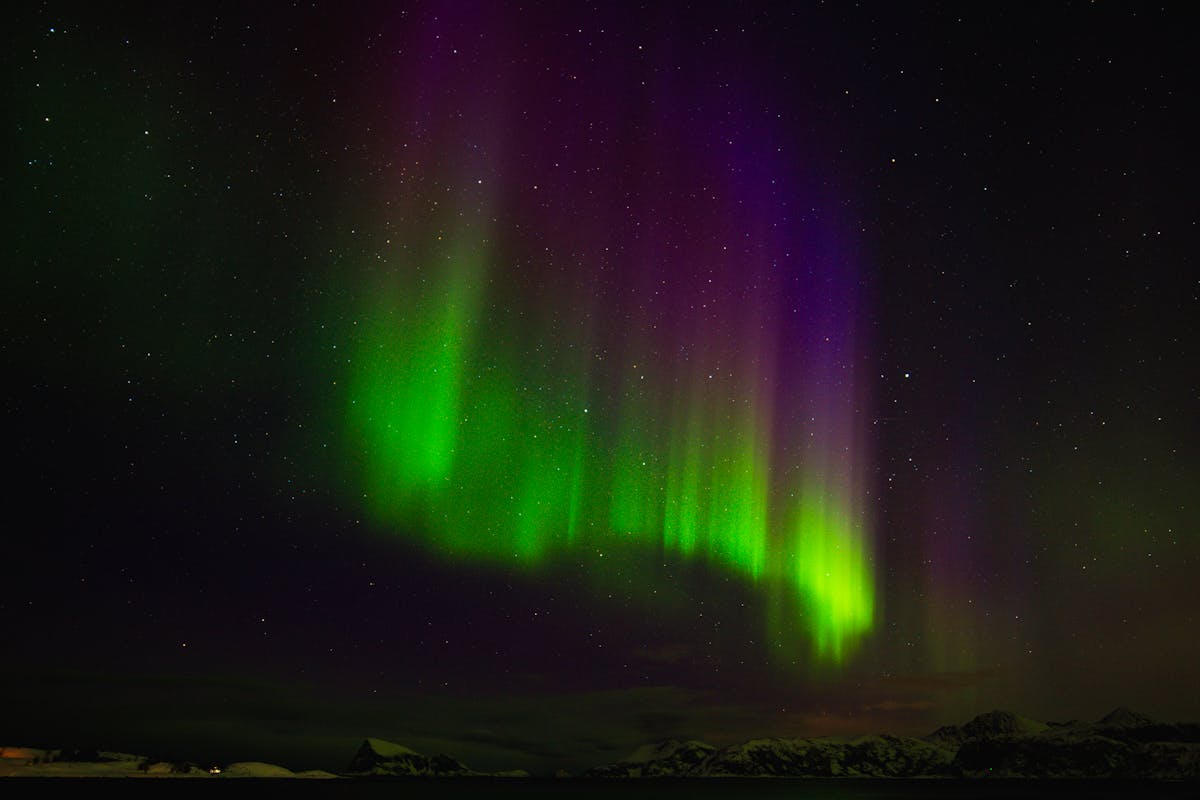 Northern Lights dance over a snowy Norwegian landscape with vivid colors