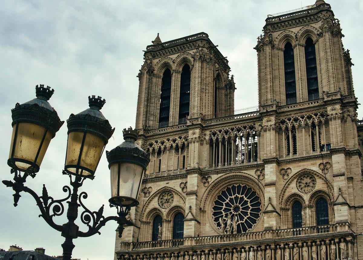 Close-up of the Gothic facade of Notre Dame Cathedral in Paris
