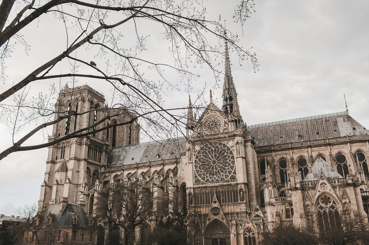 Gothic architectural details of Notre Dame Cathedral Paris showing flying buttresses