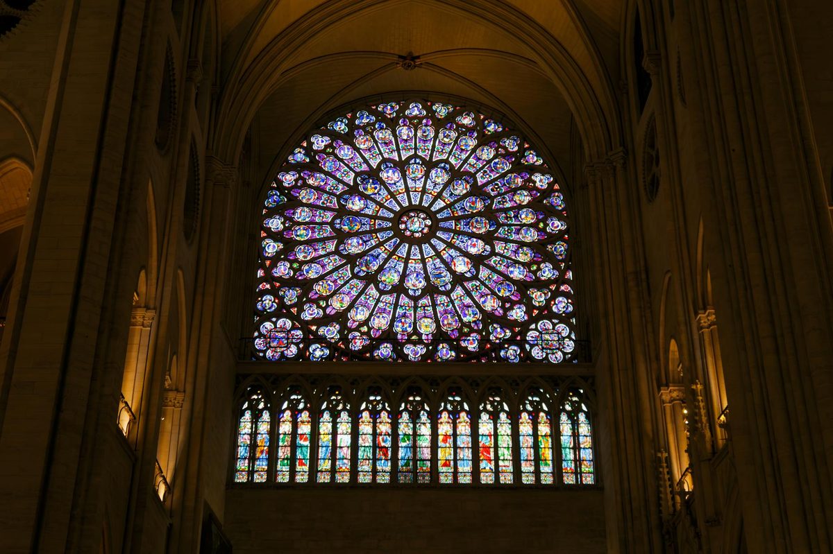 Intricate rose window at Notre Dame Cathedral in Paris