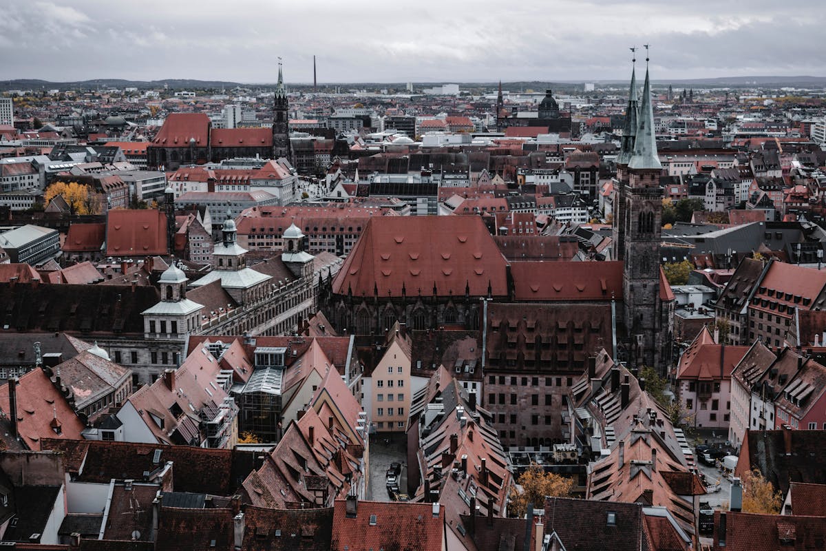 Aerial view of Nuremberg Germany showing historic architecture and red-tiled roofs