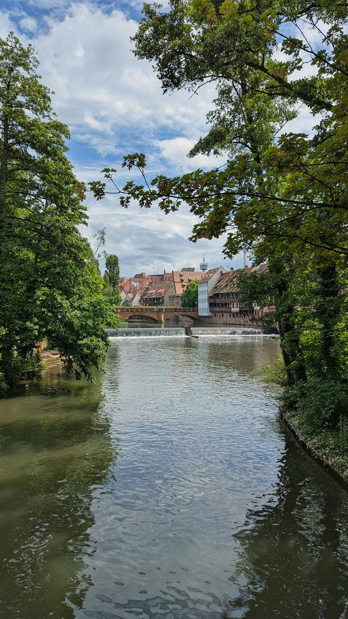 Charming canal view with historic architecture and greenery in Nuremberg Old Town