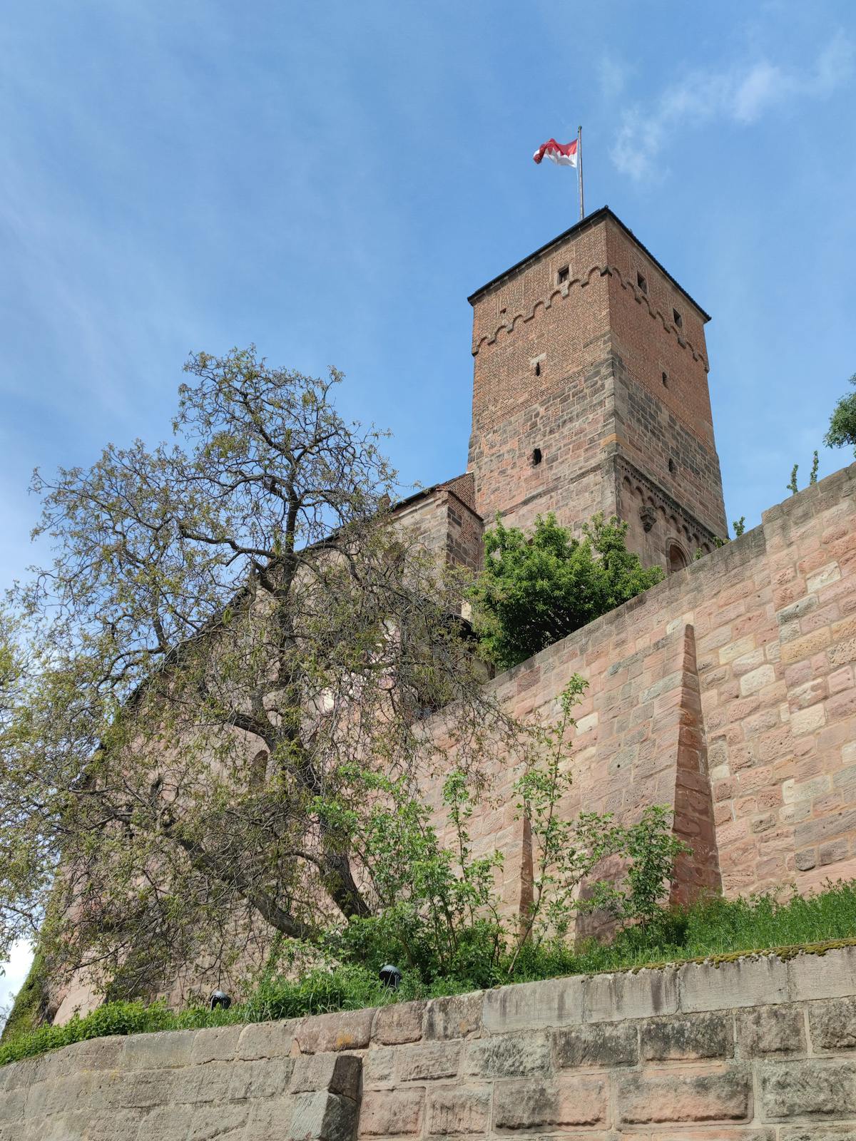 Medieval tower of Nuremberg Castle surrounded by trees under blue sky