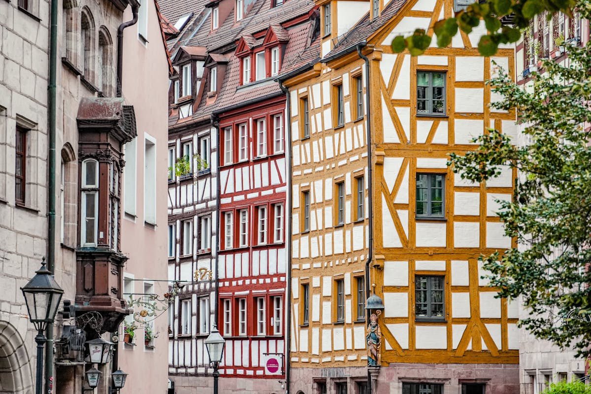 Scenic street view of colorful half-timbered houses in Nuremberg Germany
