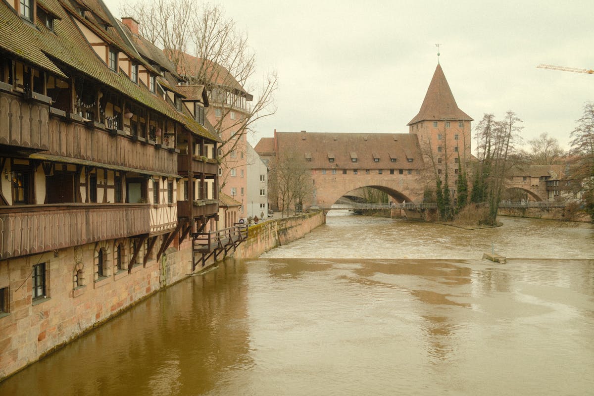 Scenic view of medieval buildings and river in Nuremberg Germany