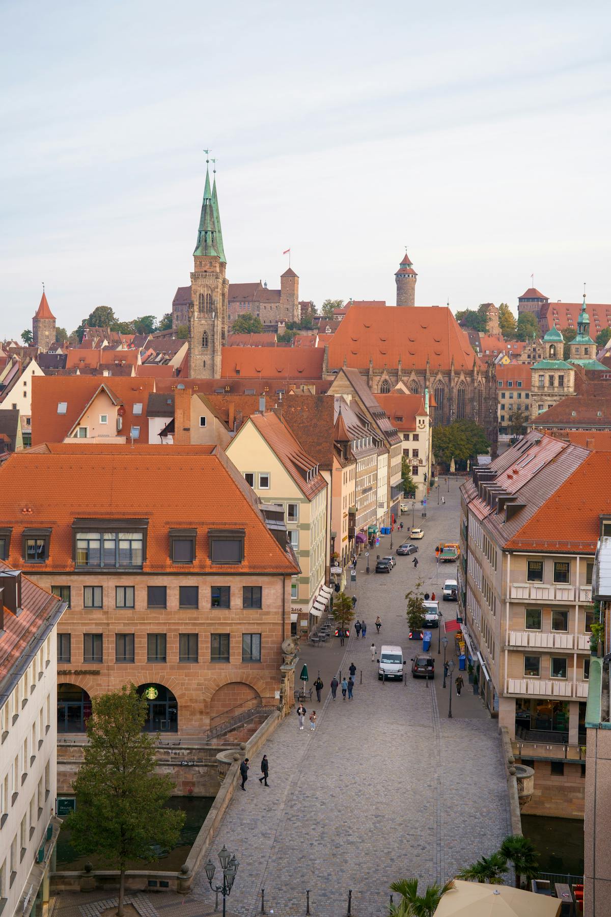 Aerial view of Nuremberg charming historic buildings with red-tiled roofs