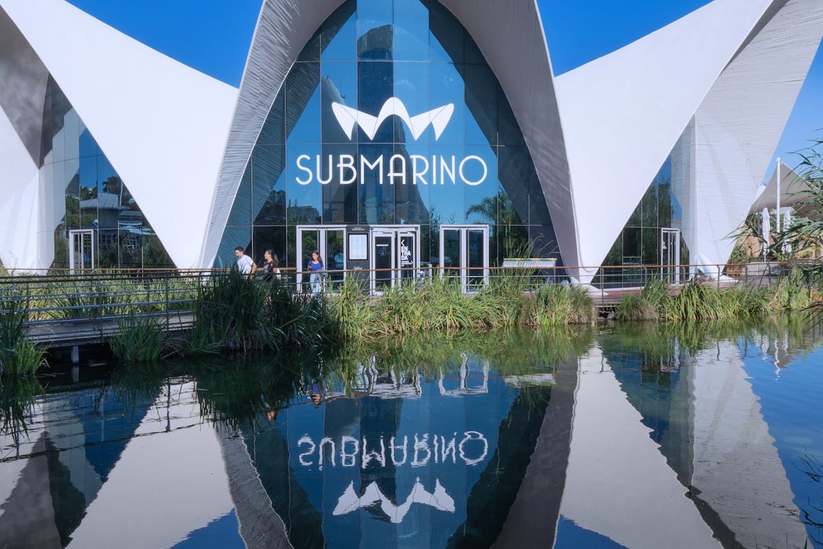 Modern white architecture of L'Oceanogràfic aquarium in Valencia with reflection pool