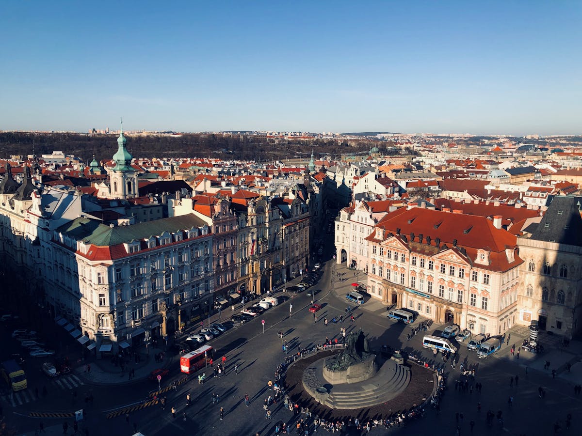 Beautiful aerial view of historic Old Town Square in Prague with stunning architecture