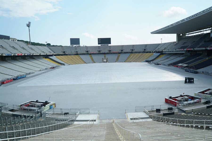 Panoramic view of the Olympic Stadium in Barcelona with clear blue sky
