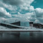 The modern Oslo Opera House with waterfront reflection in Oslo Norway