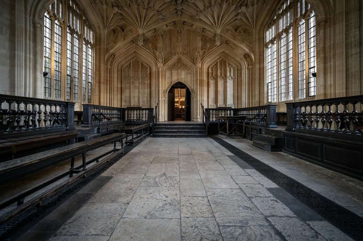 Gothic interior hallway of the Divinity School at Oxford University