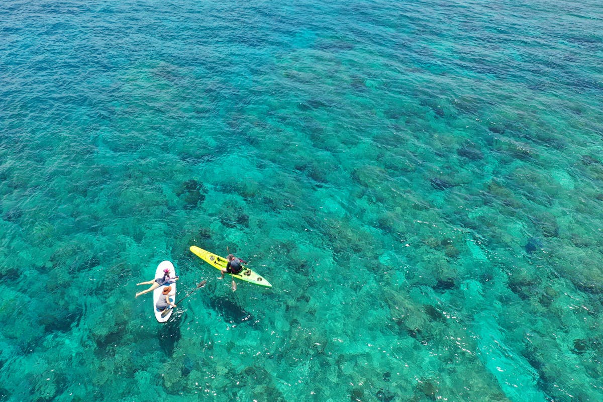 Two people paddleboarding over crystal clear turquoise water seen from above