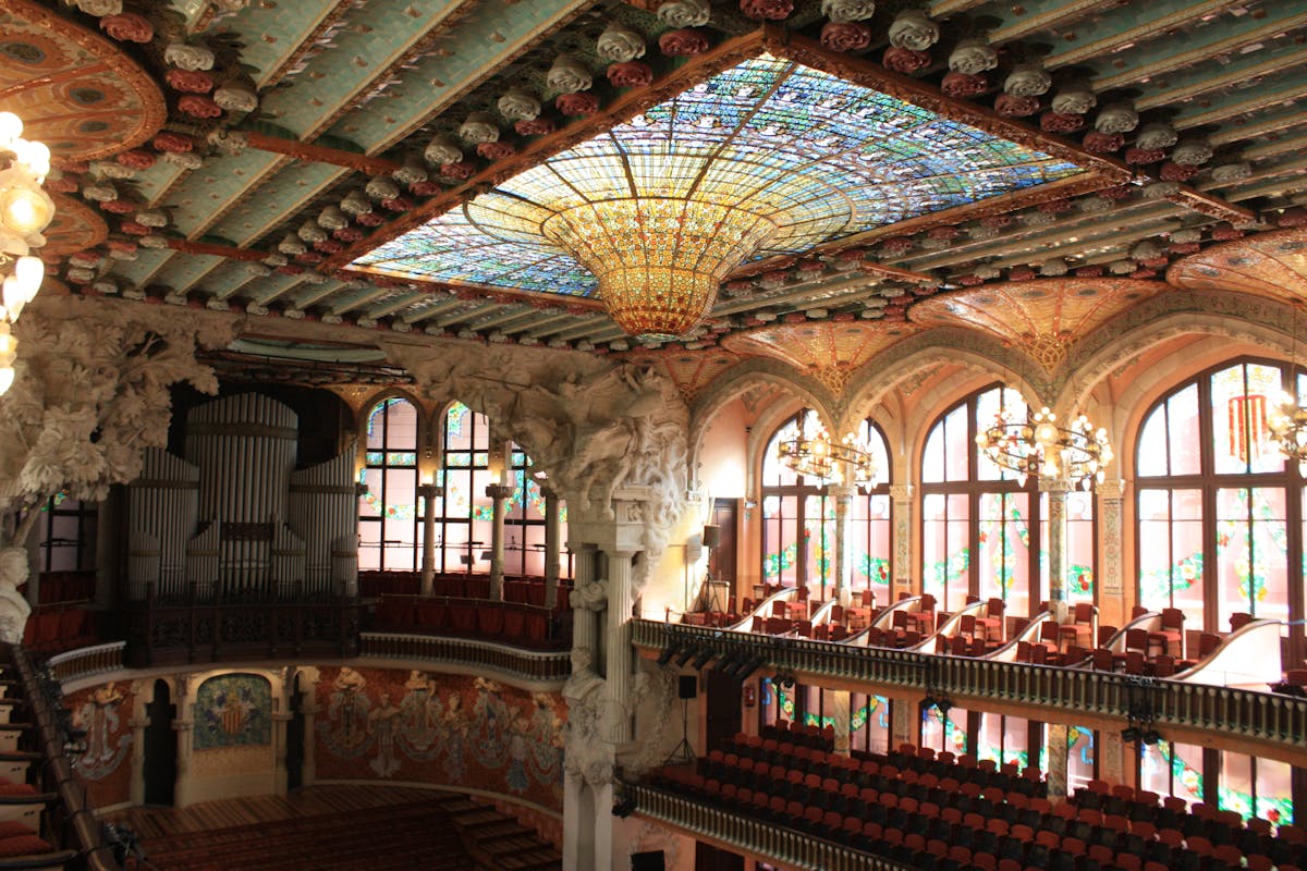 Close-up of the ornate Modernist facade of Palau de la Musica Catalana in Barcelona