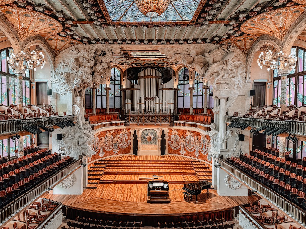 Ornate ceiling and balcony details of the Palau de la Musica Catalana
