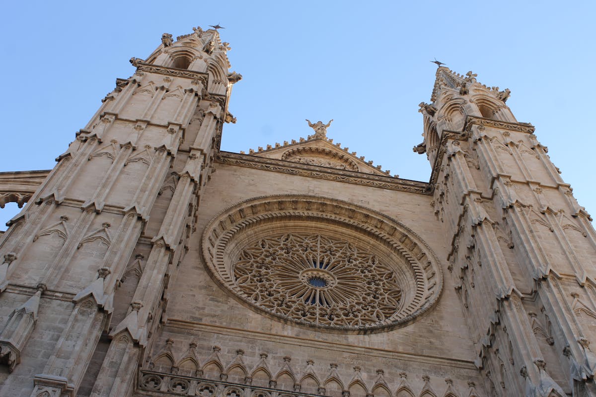 Gothic Palma Cathedral La Seu shot from below against blue sky