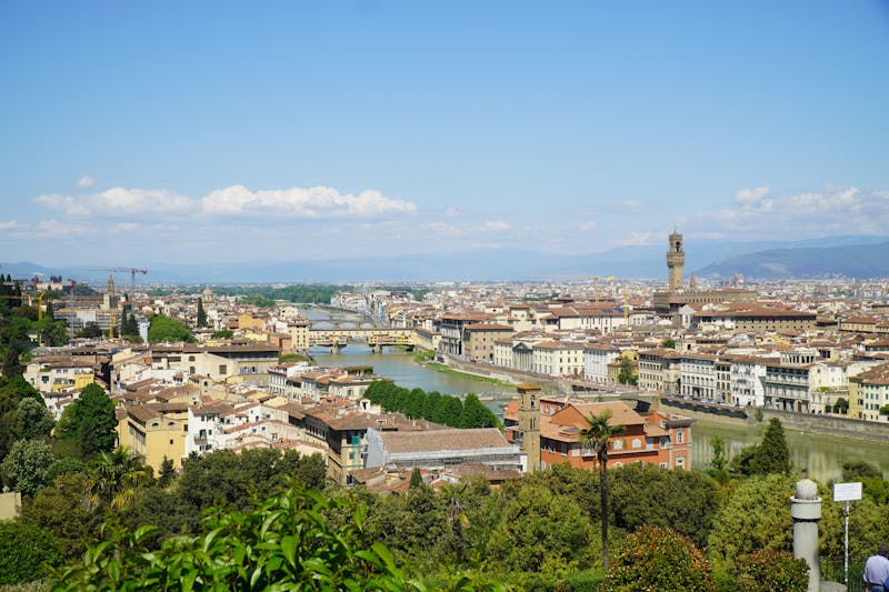 Panoramic view of Florence showing the Duomo, rooftops, and surrounding hills