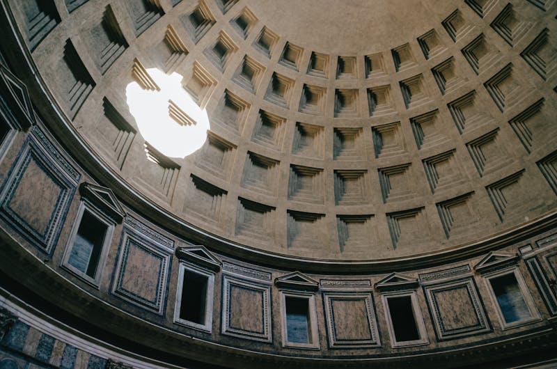 Light streaming through the Pantheon dome illuminating the coffered ceiling