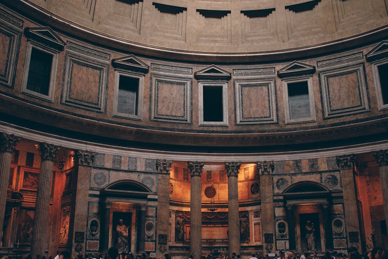 Interior wall details and altar inside the Pantheon showing ornate decorations and columns