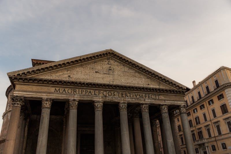 The massive Corinthian columns of the Pantheon portico in Rome