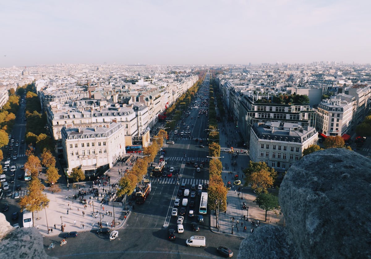 Aerial view of Paris showcasing its iconic urban architecture on a sunny day