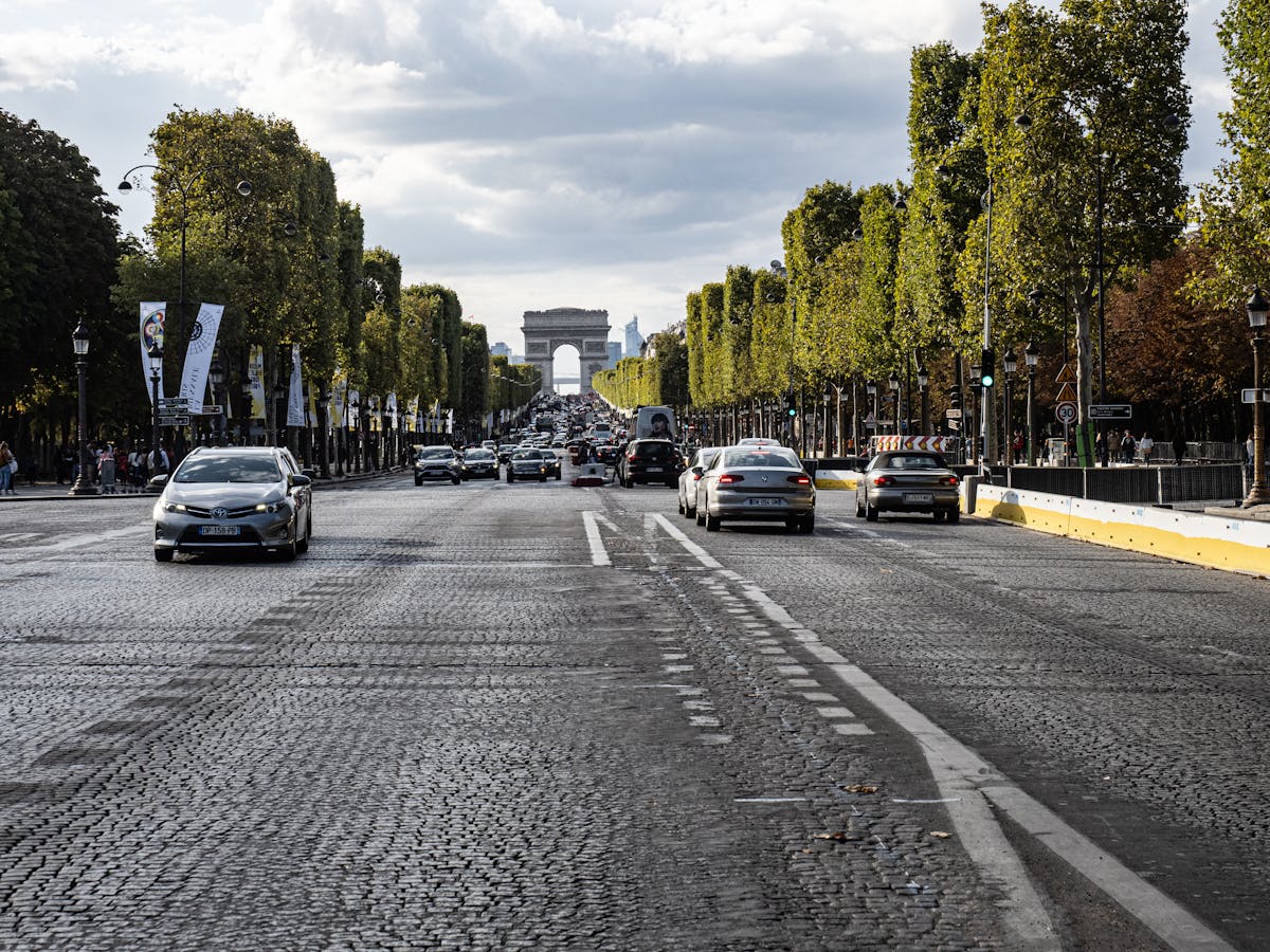 View down the Champs-Elysees toward the Arc de Triomphe in Paris