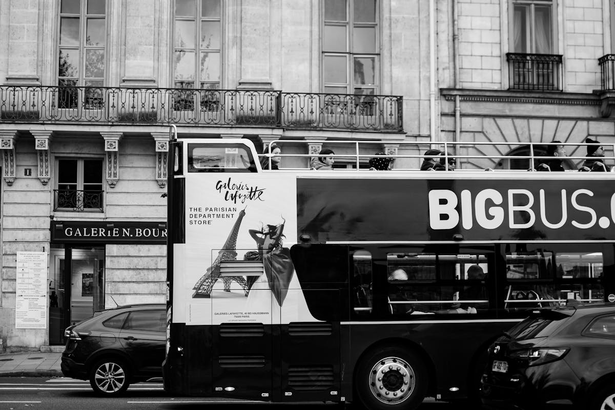 Double-decker bus near Galeries Lafayette in Paris