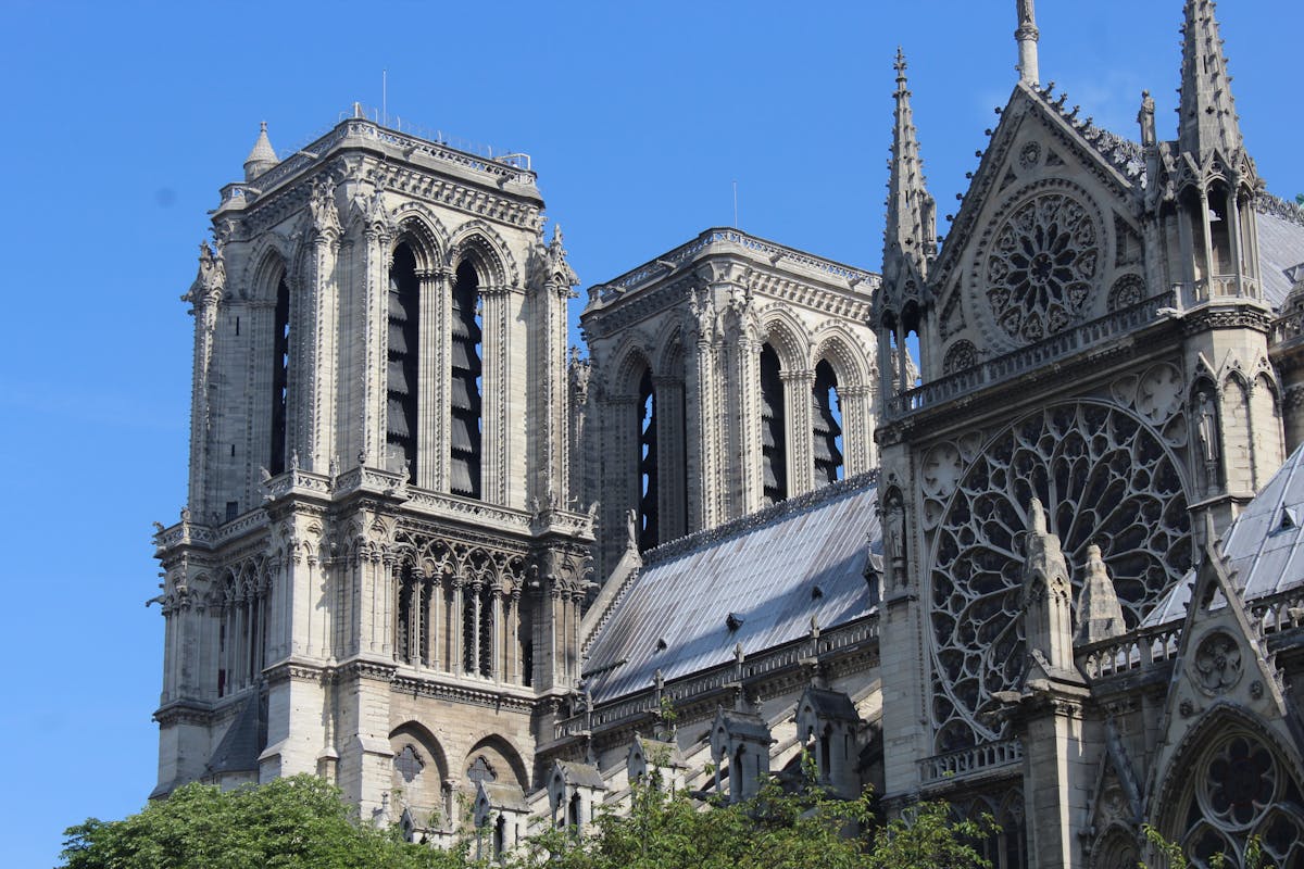 The facade of Notre-Dame Cathedral in Paris showing its Gothic architecture