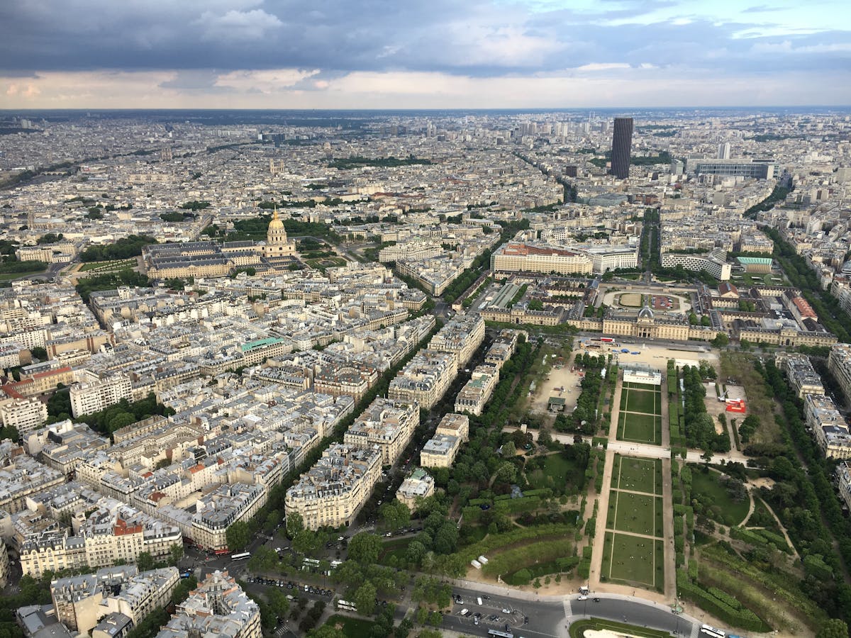 Aerial photograph of Paris showing rooftops, streets and famous architecture
