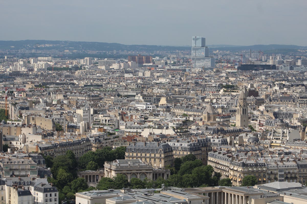 Wide aerial view of Paris showing historic buildings and tree-lined boulevards