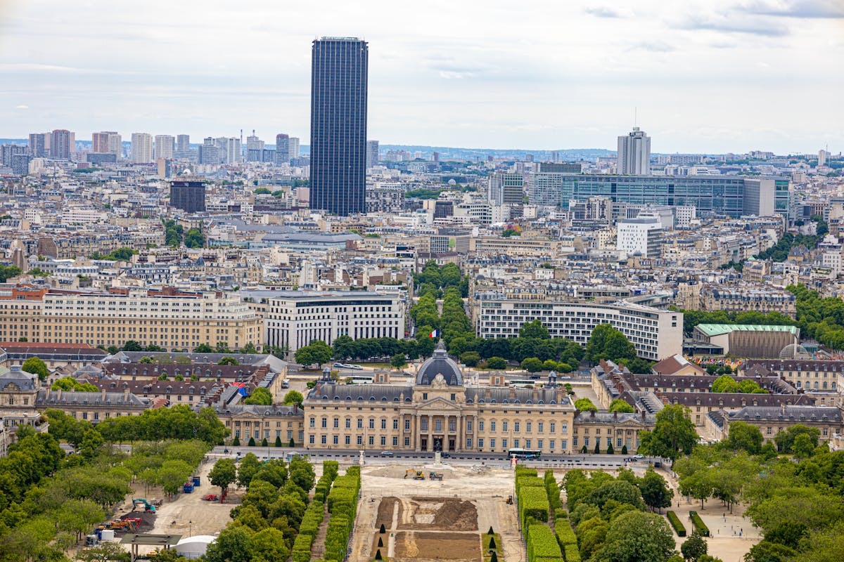 Aerial view of Ecole Militaire and Montparnasse Tower with Paris rooftops