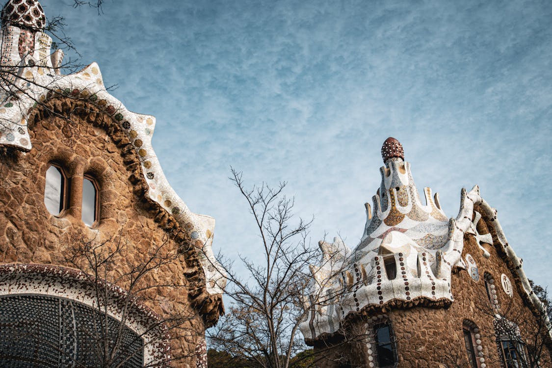 Colorful Gaudi mosaic design at Park Guell entrance in Barcelona