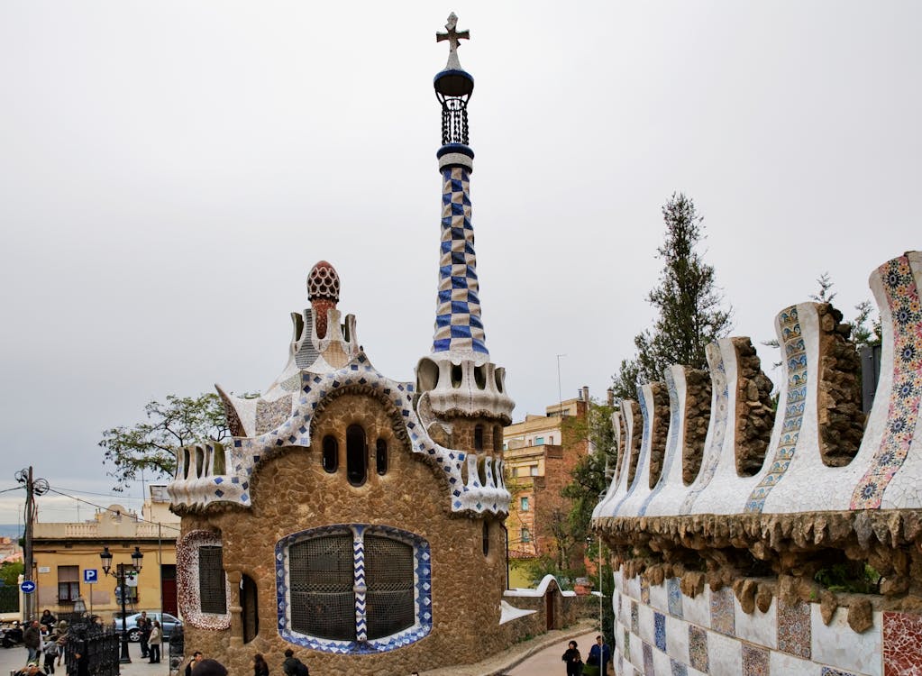 Unique stone architecture and covered walkway at Park Guell in Barcelona