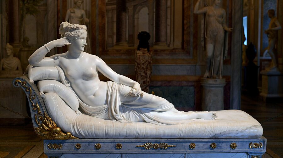 Pauline Bonaparte as Venus Victrix marble sculpture by Canova reclining on a divan in the Galleria Borghese