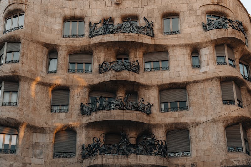 Detailed view of curving stone balconies of Casa Mila La Pedrera in Barcelona Spain