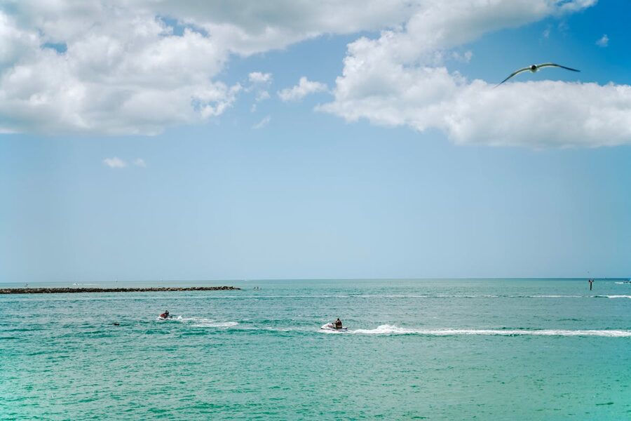 Multiple people riding jet skis at sea together