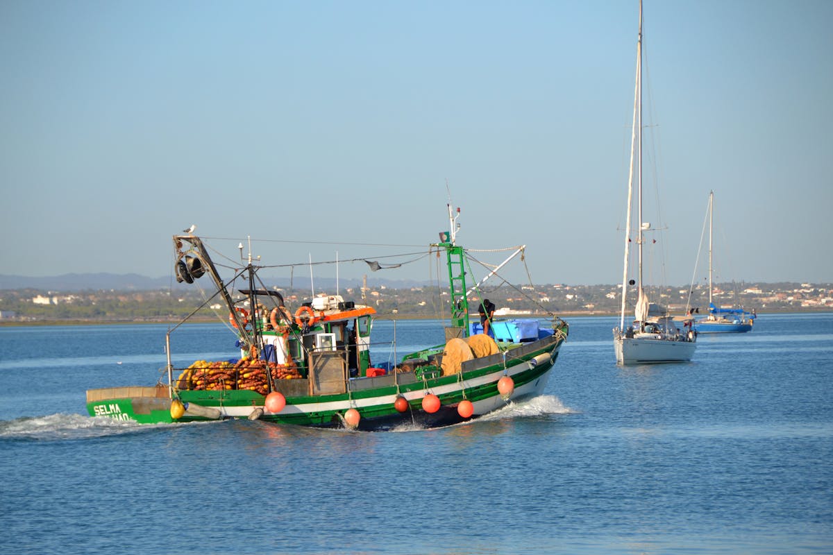 Colorful fishing boats in Olhao harbor Portugal on a sunny day