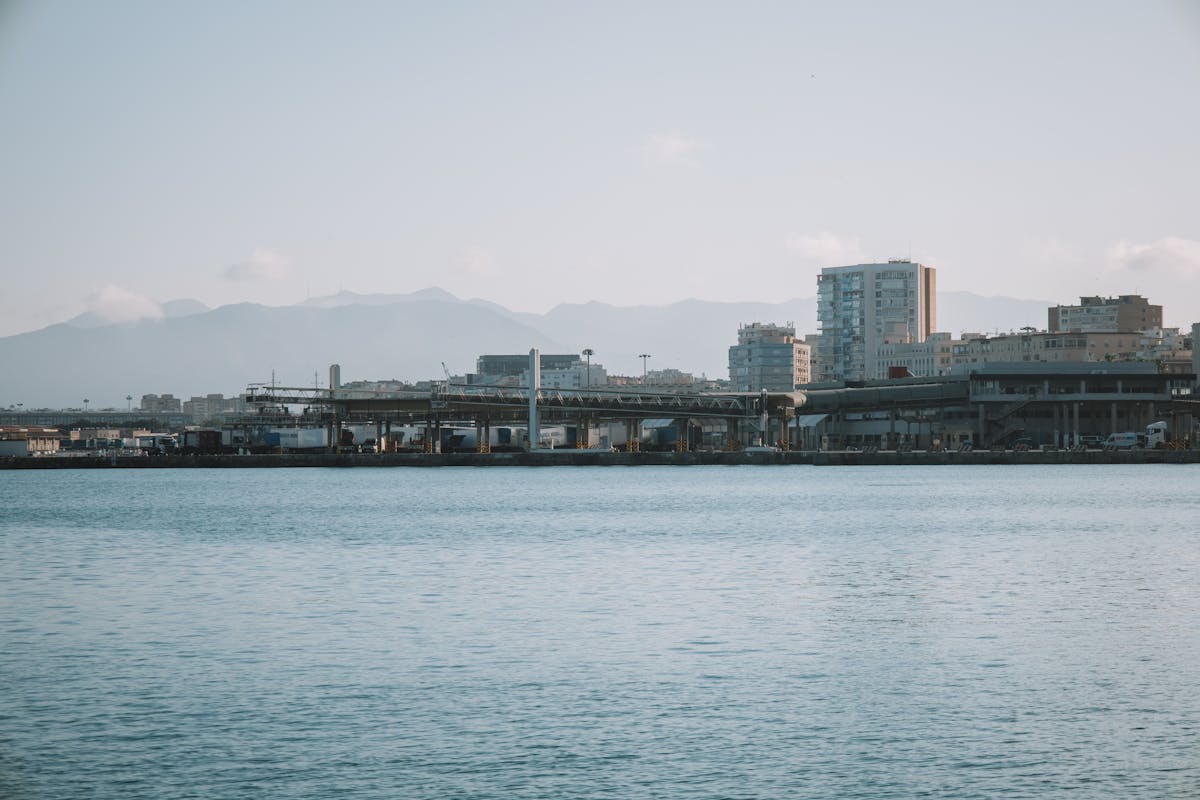Scenic view of Malaga harbour with boats, urban skyline, and mountains in background
