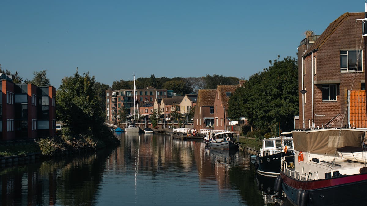 Beautiful canal view in Amsterdam with boats and traditional Dutch buildings