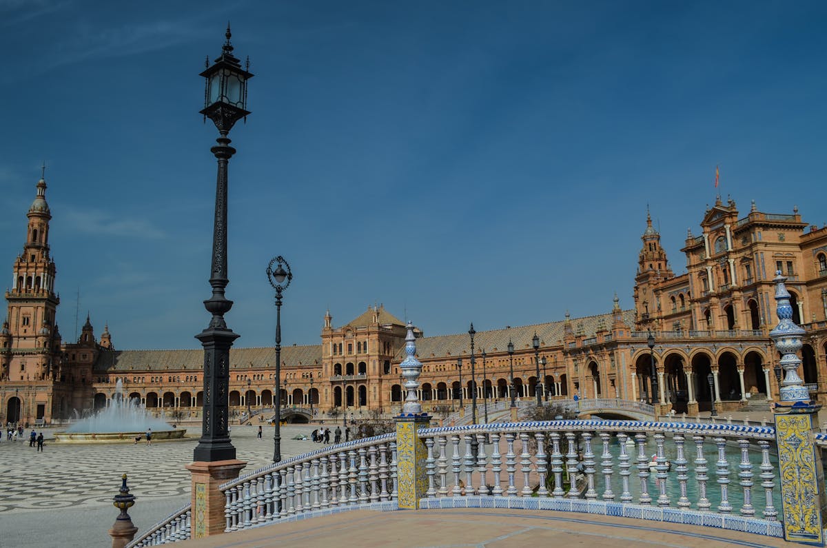 View of Plaza de Espana with its fountain and striking architecture in Seville