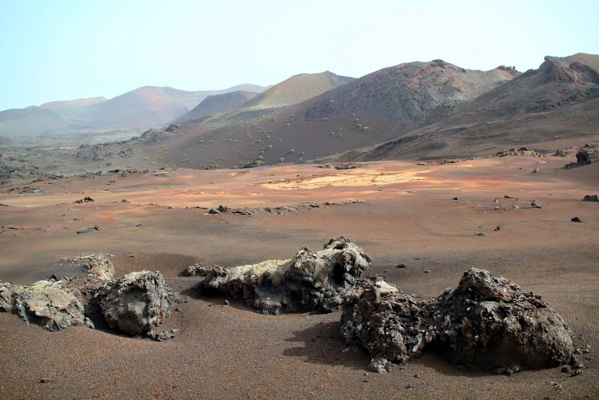 Breathtaking view of volcanic terrain and rugged rocks in Lanzarote Spain
