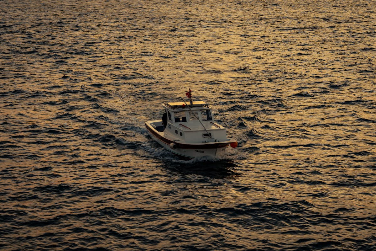 A small boat cruising on the ocean as the sun sets casting golden light over the water
