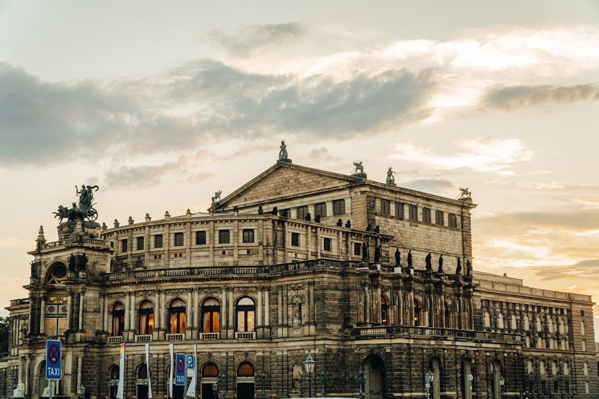 The Semperoper opera house in Dresden viewed from Theaterplatz square