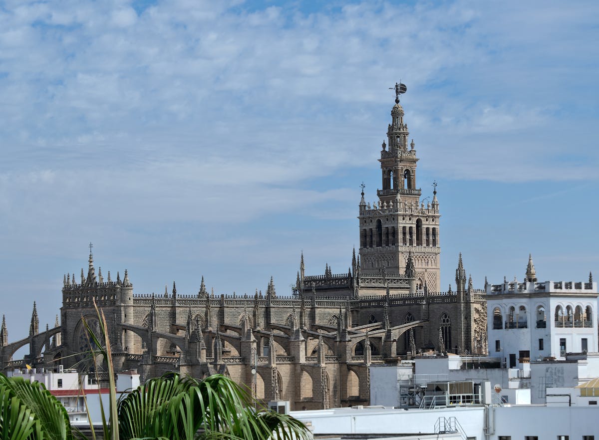The Giralda Tower rising above Seville Cathedral with orange tree in foreground