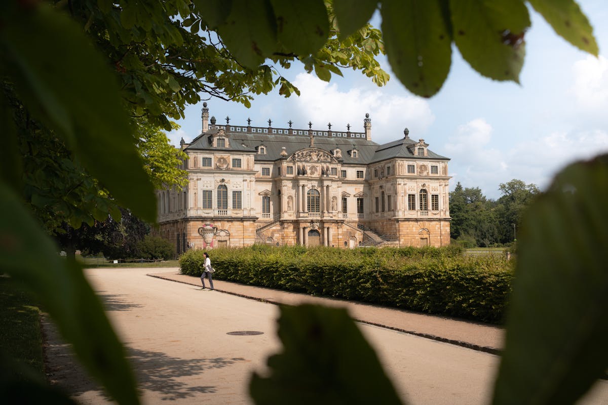 Wide view of Zwinger Palace with fountains