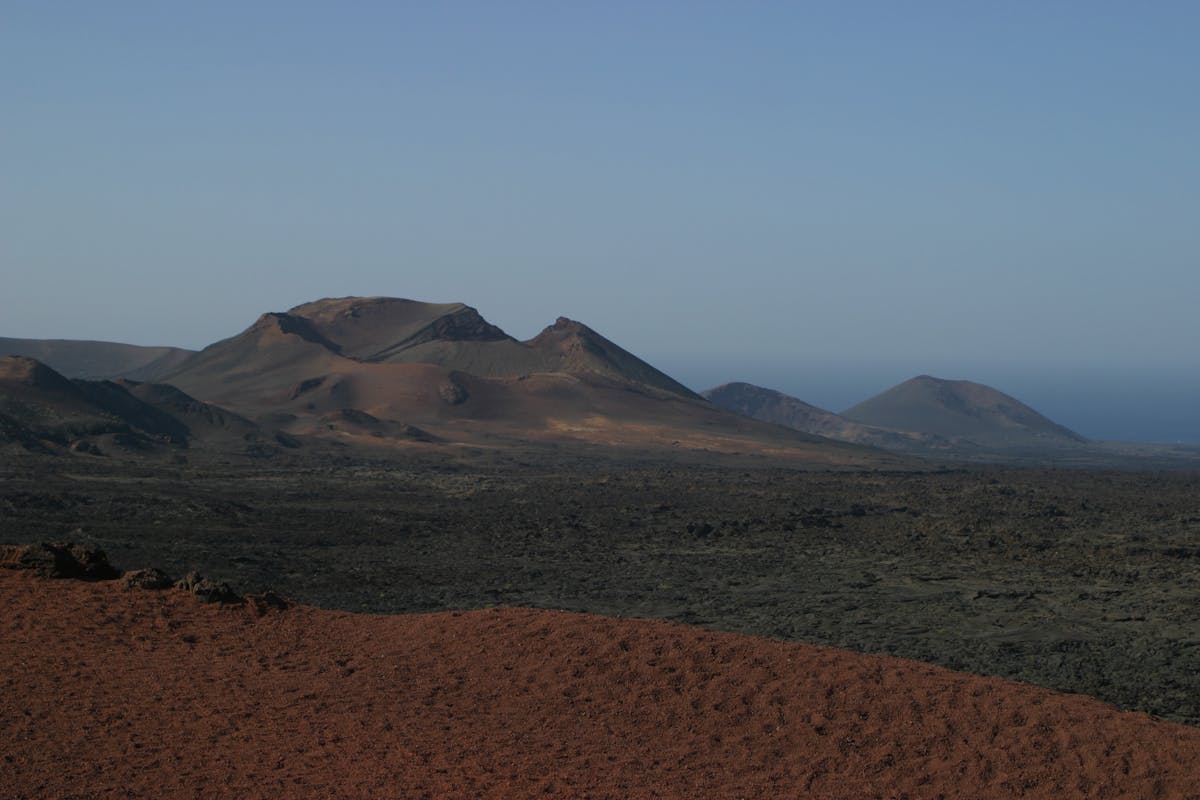 Dramatic volcanic formations and ridges in Timanfaya National Park Lanzarote