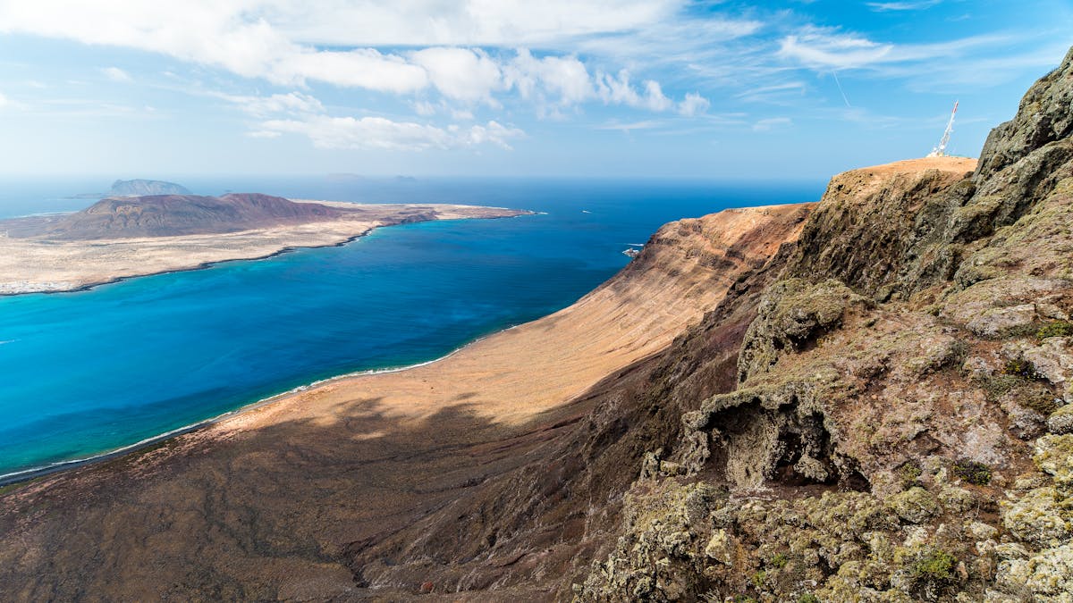 Aerial view of the rugged coastline and clear blue waters of Lanzarote Spain